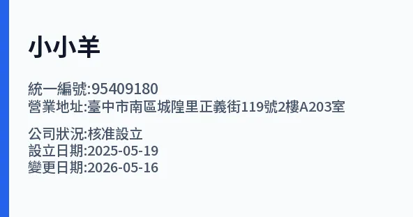 小小羊的照片-統編 95409180(臺中市) 公司登記資料與營業項目詳細圖表