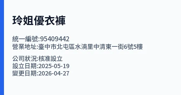 玲姐優衣褲的照片-統編 95409442(臺中市) 公司登記資料與營業項目詳細圖表