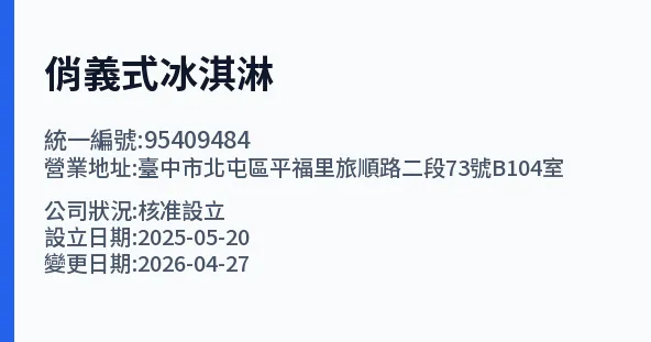 俏義式冰淇淋的照片-統編 95409484(臺中市) 公司登記資料與營業項目詳細圖表