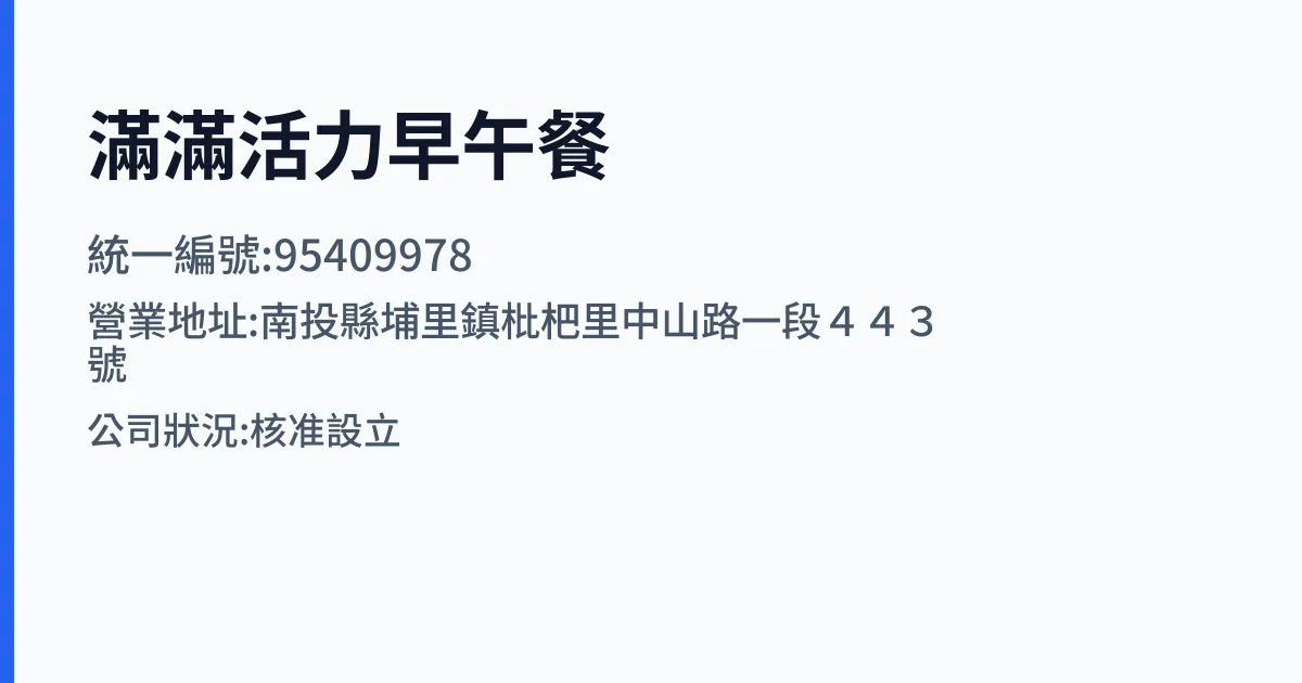 滿滿活力早午餐 - 統編 95409978(南投縣) 公司登記資料與營業項目詳細圖表