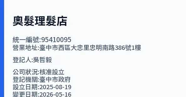 奧髮理髮店的照片-統編 95410095(臺中市) 公司登記資料與營業項目詳細圖表