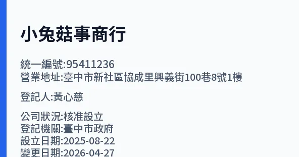 小兔菇事商行的照片-統編 95411236(臺中市) 公司登記資料與營業項目詳細圖表