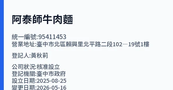 阿泰師牛肉麵的照片-統編 95411453(臺中市) 公司登記資料與營業項目詳細圖表