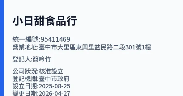 小日甜食品行的照片-統編 95411469(臺中市) 公司登記資料與營業項目詳細圖表