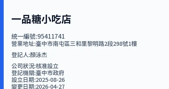 一品糖小吃店的照片-統編 95411741(臺中市) 公司登記資料與營業項目詳細圖表