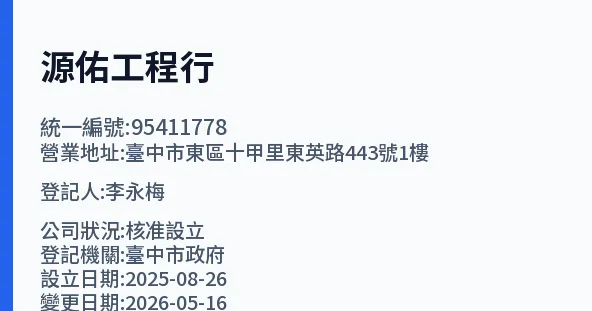 源佑工程行的照片-統編 95411778(臺中市) 公司登記資料與營業項目詳細圖表