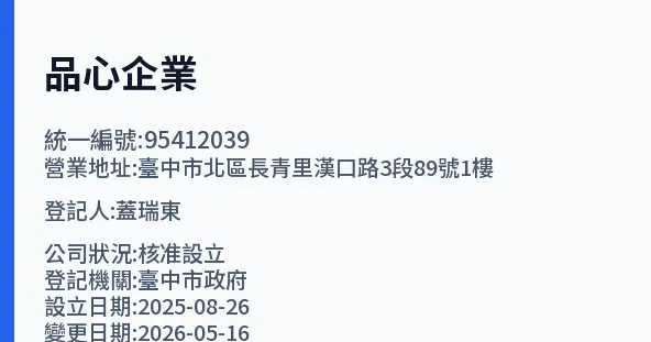 品心企業的照片-統編 95412039(臺中市) 公司登記資料與營業項目詳細圖表