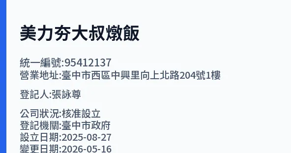 美力夯大叔燉飯的照片-統編 95412137(臺中市) 公司登記資料與營業項目詳細圖表