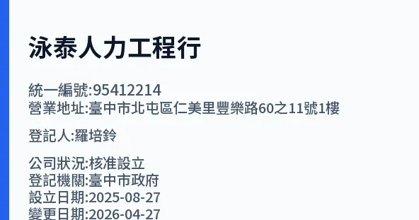 泳泰人力工程行的照片-統編 95412214(臺中市) 公司登記資料與營業項目詳細圖表