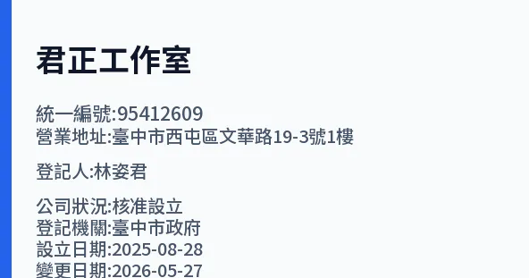 君正工作室的照片-統編 95412609(臺中市) 公司登記資料與營業項目詳細圖表