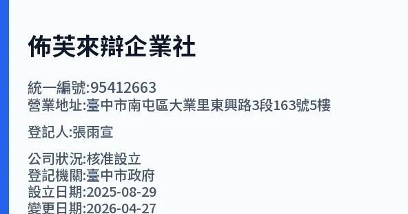 佈芙來辯企業社的照片-統編 95412663(臺中市) 公司登記資料與營業項目詳細圖表
