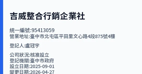 吉威整合行銷企業社的照片-統編 95413059(臺中市) 公司登記資料與營業項目詳細圖表