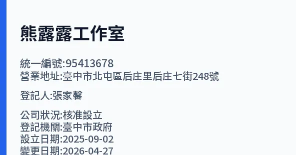 熊露露工作室的照片-統編 95413678(臺中市) 公司登記資料與營業項目詳細圖表