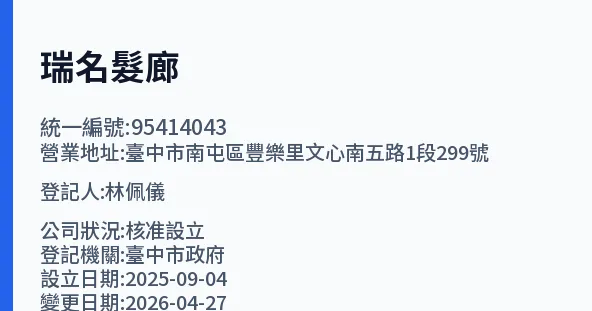 瑞名髮廊的照片-統編 95414043(臺中市) 公司登記資料與營業項目詳細圖表
