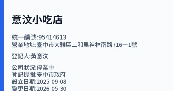 意汶小吃店的照片-統編 95414613(臺中市) 公司登記資料與營業項目詳細圖表