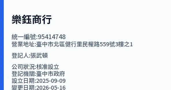 樂鈺商行的照片-統編 95414748(臺中市) 公司登記資料與營業項目詳細圖表