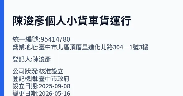 陳浚彥個人小貨車貨運行的照片-統編 95414780(臺中市) 公司登記資料與營業項目詳細圖表