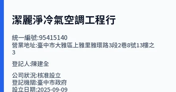 潔麗淨冷氣空調工程行的照片-統編 95415140(臺中市) 公司登記資料與營業項目詳細圖表