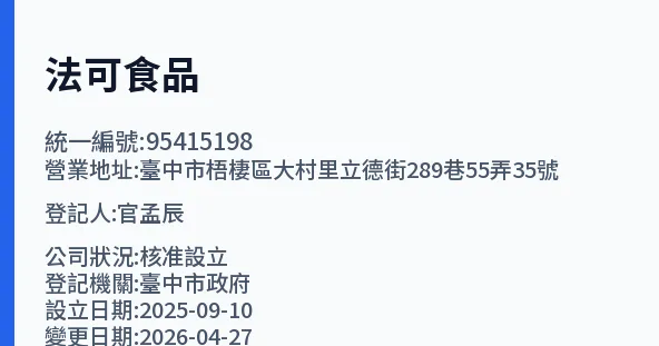 法可食品的照片-統編 95415198(臺中市) 公司登記資料與營業項目詳細圖表