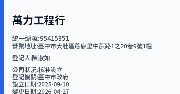 萬力工程行的照片-統編 95415351(臺中市) 公司登記資料與營業項目詳細圖表