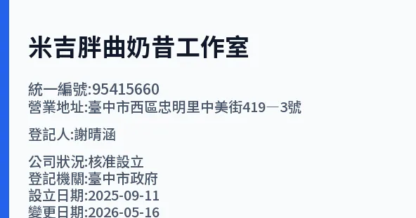 米吉胖曲奶昔工作室的照片-統編 95415660(臺中市) 公司登記資料與營業項目詳細圖表