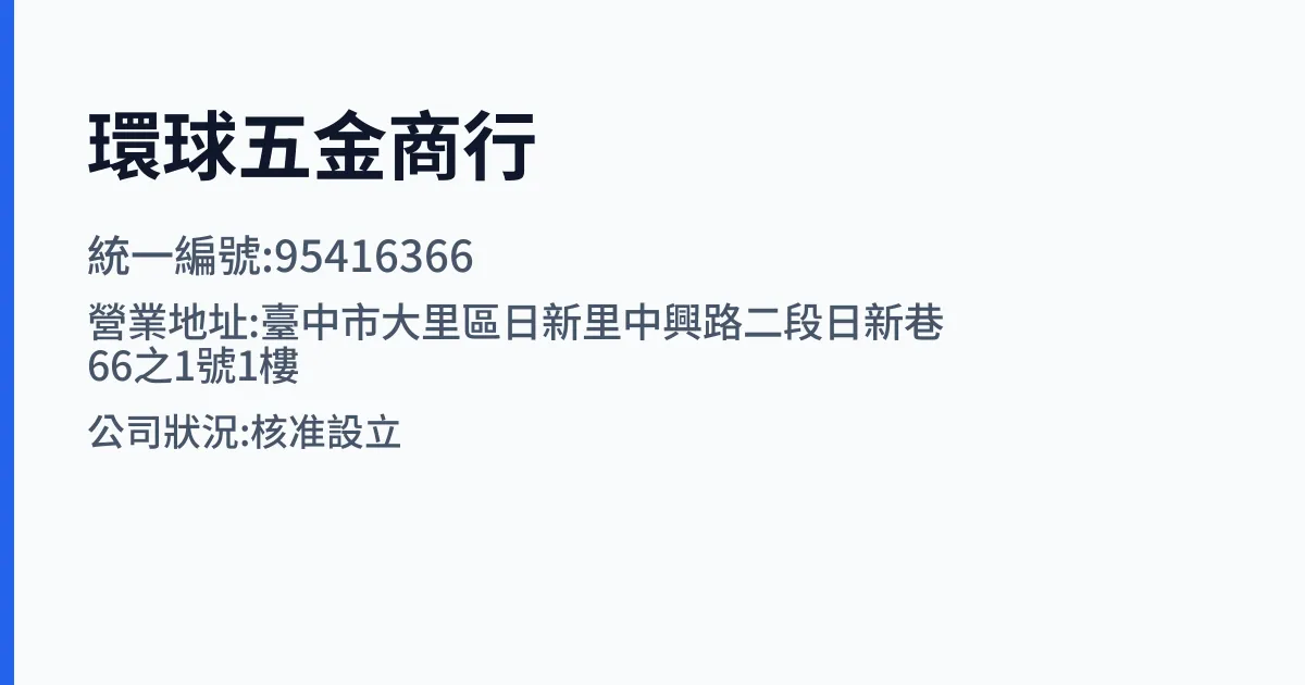 環球五金商行 - 統編 95416366(臺中市) 公司登記資料與營業項目詳細圖表