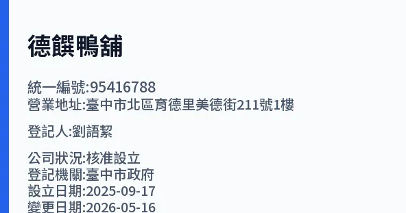 德饌鴨舖的照片-統編 95416788(臺中市) 公司登記資料與營業項目詳細圖表