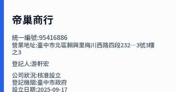 帝巢商行的照片-統編 95416886(臺中市) 公司登記資料與營業項目詳細圖表