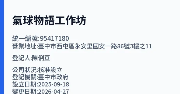 氣球物語工作坊的照片-統編 95417180(臺中市) 公司登記資料與營業項目詳細圖表