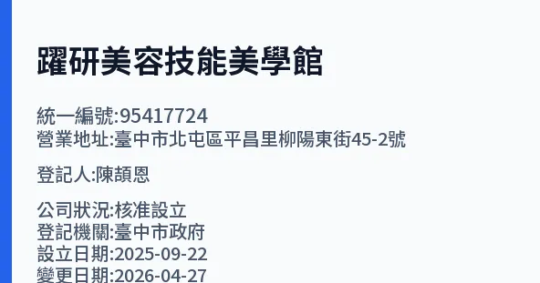 躍研美容技能美學館的照片-統編 95417724(臺中市) 公司登記資料與營業項目詳細圖表