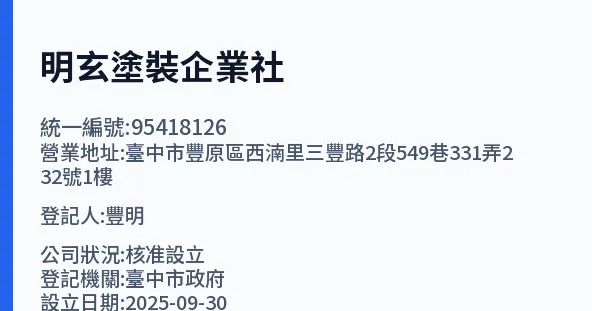 明玄塗裝企業社的照片-統編 95418126(臺中市) 公司登記資料與營業項目詳細圖表