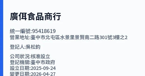 廣佴食品商行的照片-統編 95418619(臺中市) 公司登記資料與營業項目詳細圖表