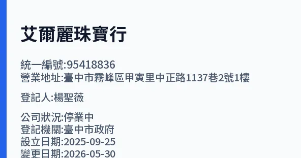 艾爾麗珠寶行的照片-統編 95418836(臺中市) 公司登記資料與營業項目詳細圖表