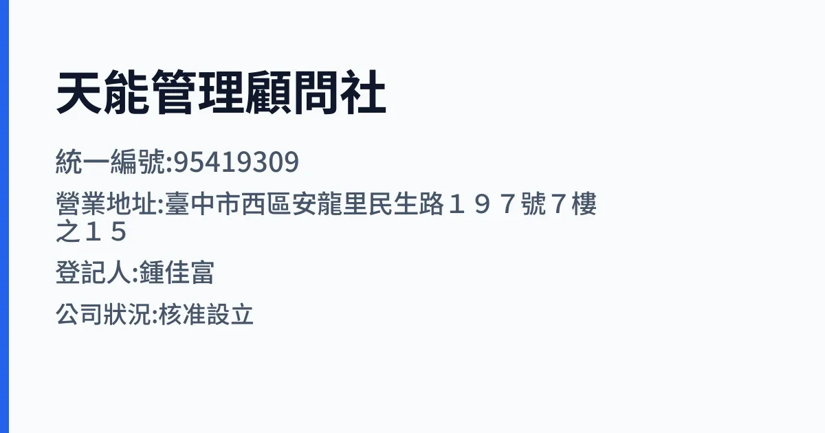 天能管理顧問社 - 統編 95419309(臺中市) 公司登記資料與營業項目詳細圖表