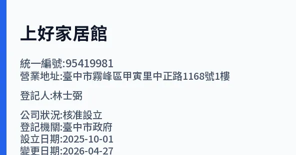 上好家居館的照片-統編 95419981(臺中市) 公司登記資料與營業項目詳細圖表