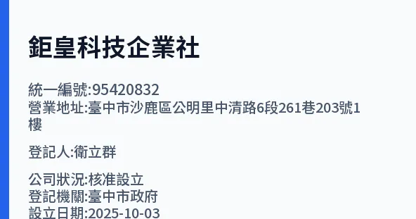 鉅皇科技企業社的照片-統編 95420832(臺中市) 公司登記資料與營業項目詳細圖表