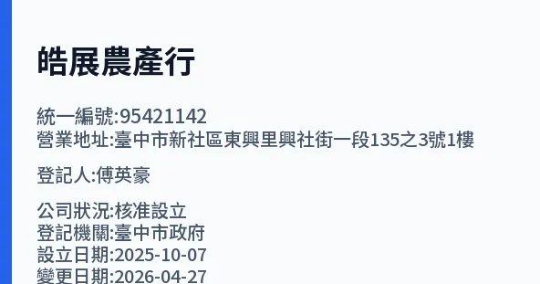 皓展農產行的照片-統編 95421142(臺中市) 公司登記資料與營業項目詳細圖表