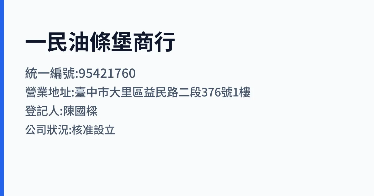 一民油條堡商行 - 統編 95421760(臺中市) 公司登記資料與營業項目詳細圖表