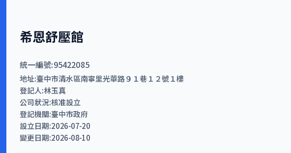 希恩舒壓館的照片-統編 95422085(臺中市) 公司登記資料與營業項目詳細圖表