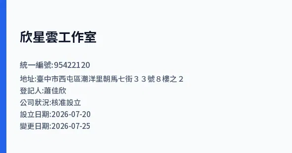 欣星雲工作室的照片-統編 95422120(臺中市) 公司登記資料與營業項目詳細圖表