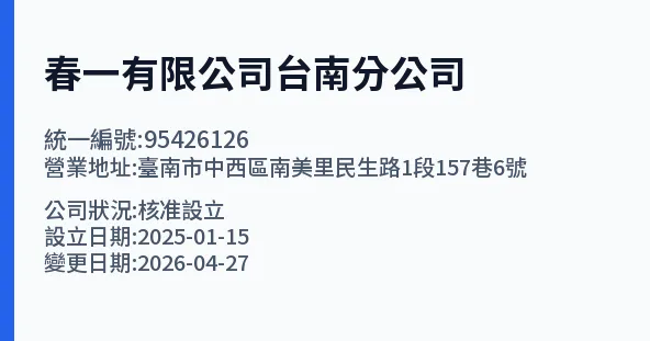 春一有限公司台南分公司的照片-統編 95426126(臺南市) 公司登記資料與營業項目詳細圖表