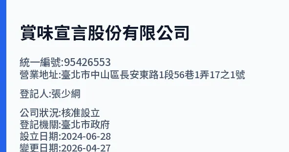 賞味宣言股份有限公司的照片-統編 95426553(臺北市) 公司登記資料與營業項目詳細圖表