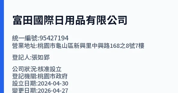 富田國際日用品有限公司的照片-統編 95427194(桃園市) 公司登記資料與營業項目詳細圖表