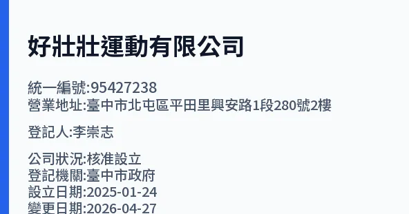好壯壯運動有限公司的照片-統編 95427238(臺中市) 公司登記資料與營業項目詳細圖表