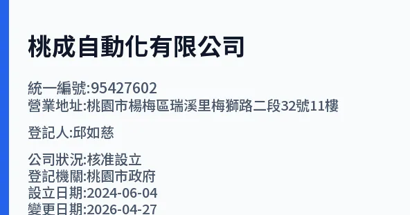 桃成自動化有限公司的照片-統編 95427602(桃園市) 公司登記資料與營業項目詳細圖表