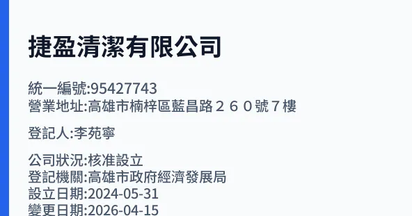 捷盈清潔有限公司的照片-統編 95427743(高雄市) 公司登記資料與營業項目詳細圖表