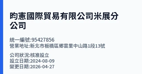 昀憲國際貿易有限公司米展分公司的照片-統編 95427856(新北市) 公司登記資料與營業項目詳細圖表