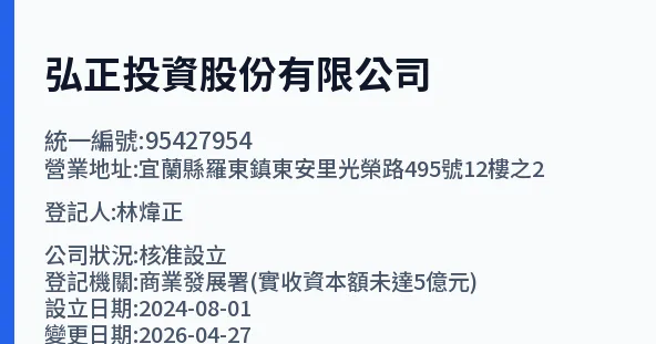 弘正投資股份有限公司的照片-統編 95427954(宜蘭縣) 公司登記資料與營業項目詳細圖表