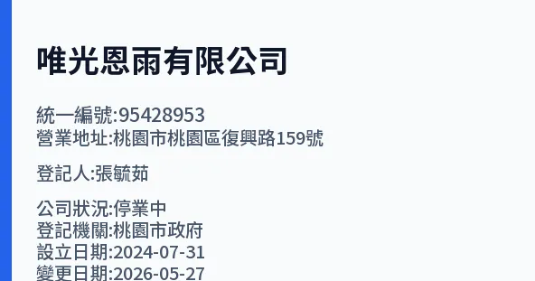 唯光恩雨有限公司的照片-統編 95428953(桃園市) 公司登記資料與營業項目詳細圖表