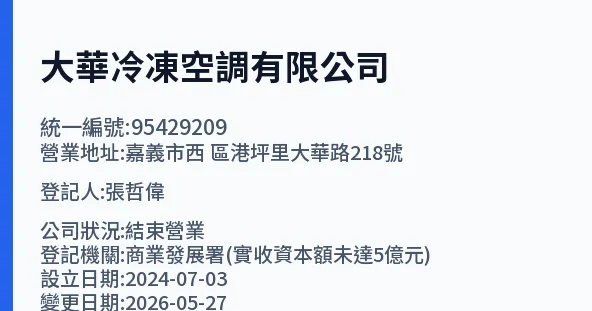 大華冷凍空調有限公司的照片-統編 95429209(嘉義市) 公司登記資料與營業項目詳細圖表